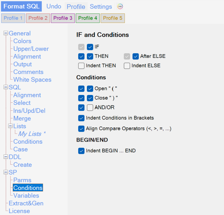 SQL Formatter Options SP Conditions